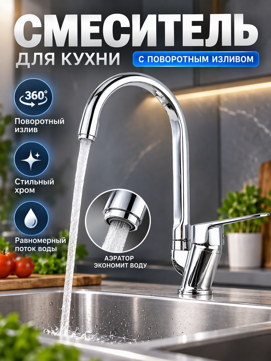 Смеситель для кухни с поворотным изливом Hansen H53023 цвет хром