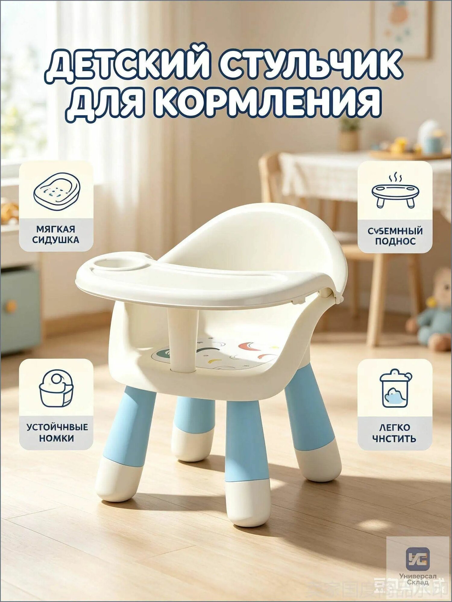 Детский стульчик для кормления 2 в 1 со звуком (пищалкой), развивающий стул с подносом для малышей от 6 месяцев до 5 лет