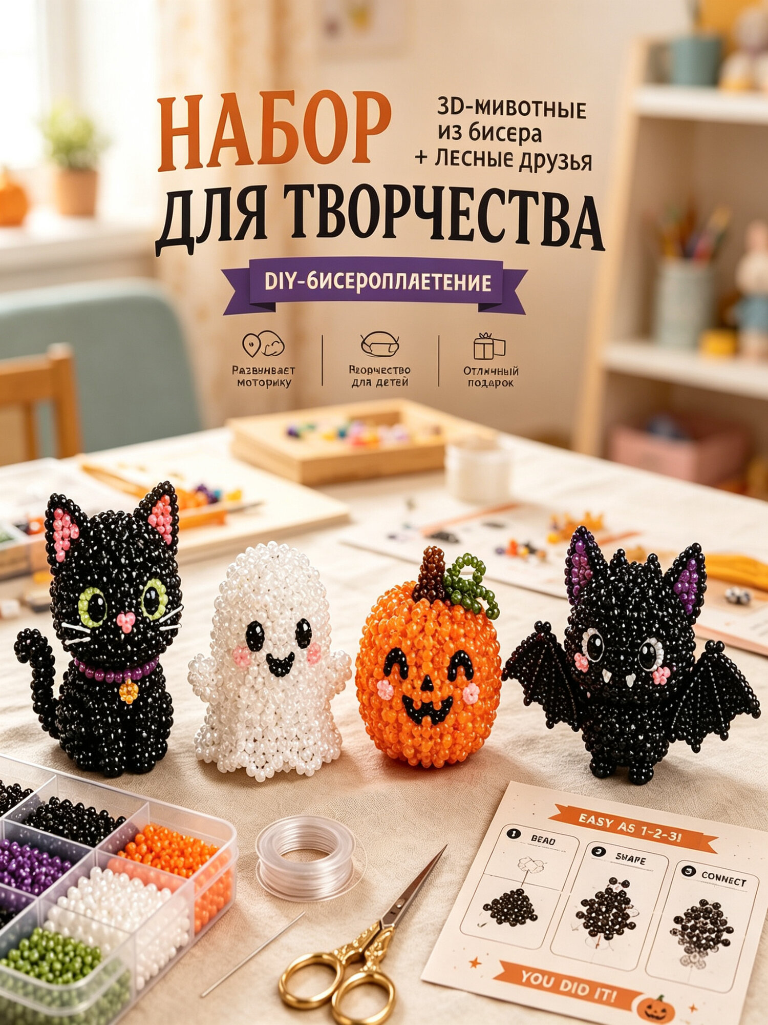 Набор для творчества «3D-животные из бисера», лесные друзья, DIY-поделка, бисероплетение