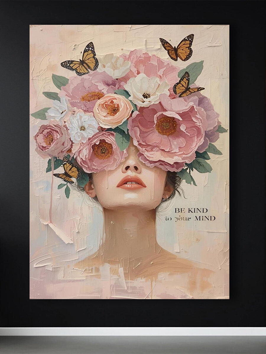 Картина Девушка с цветами на лице — Be Kind to Your Mind, 30х40 см.