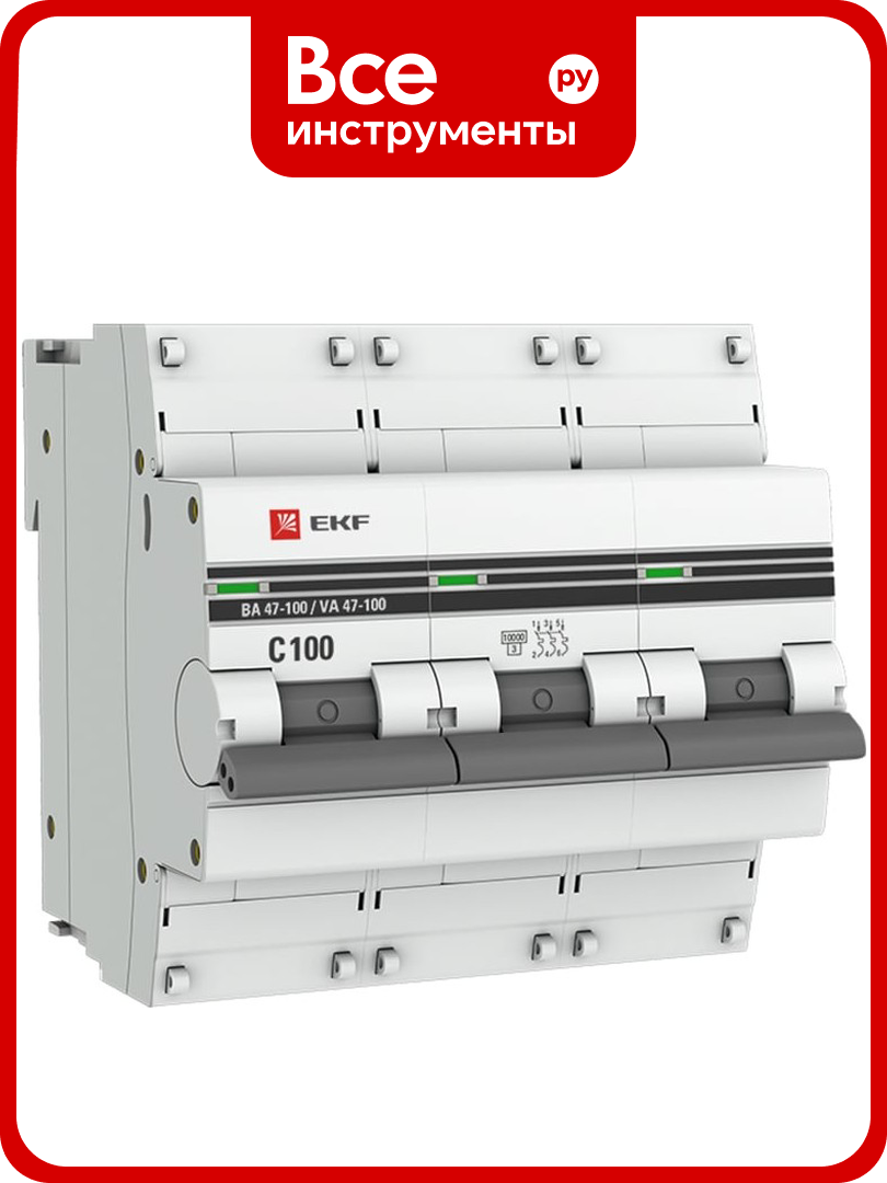 Автоматический выключатель EKF 3P 100А (С) ВА 47-100 10кА PRoxima mcb47100-3-100C-pro