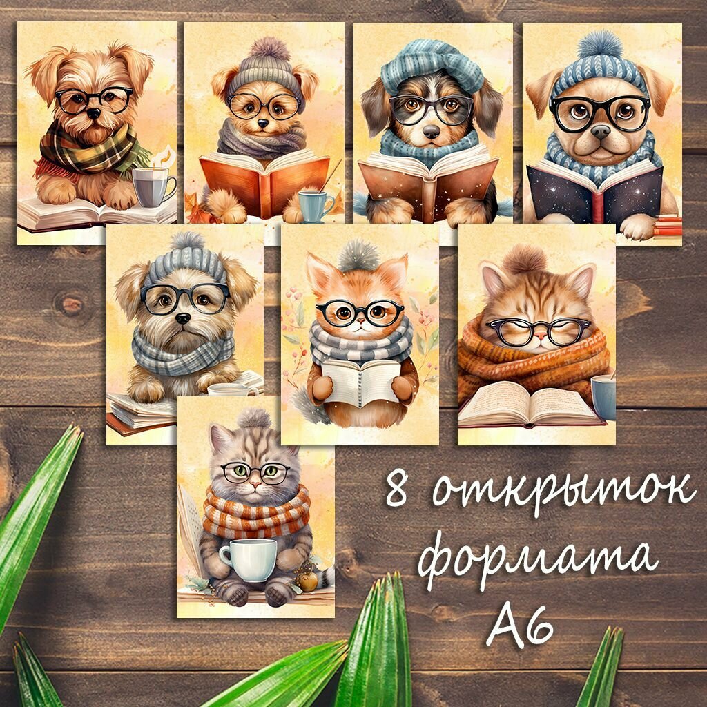 Большой набор открыток Животные с книгами, 8 штук