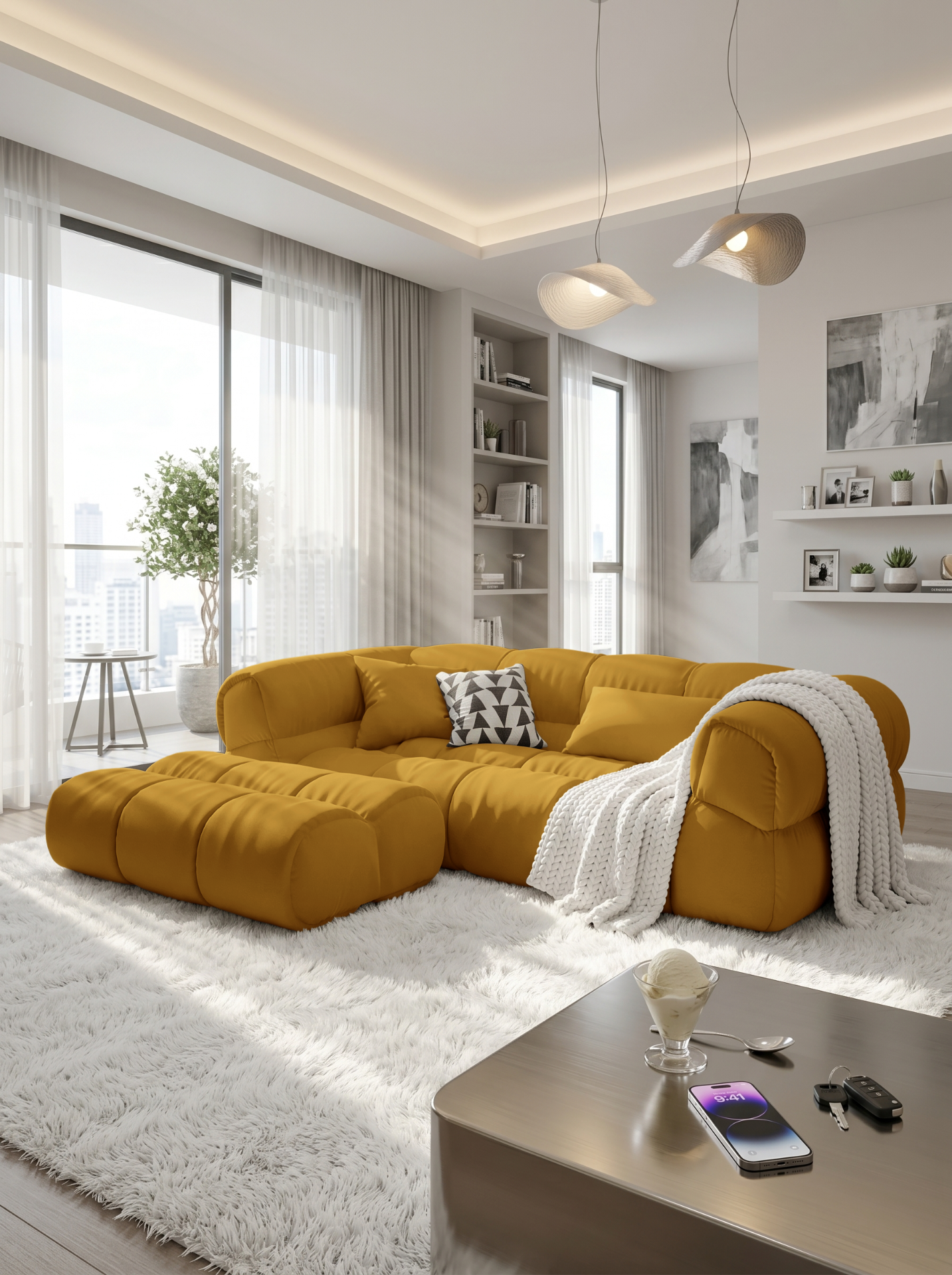 Угловой диван Шелби Velutto 56 NOW 239x174x72 см, желтый Велютто, нераскладной Фиеста