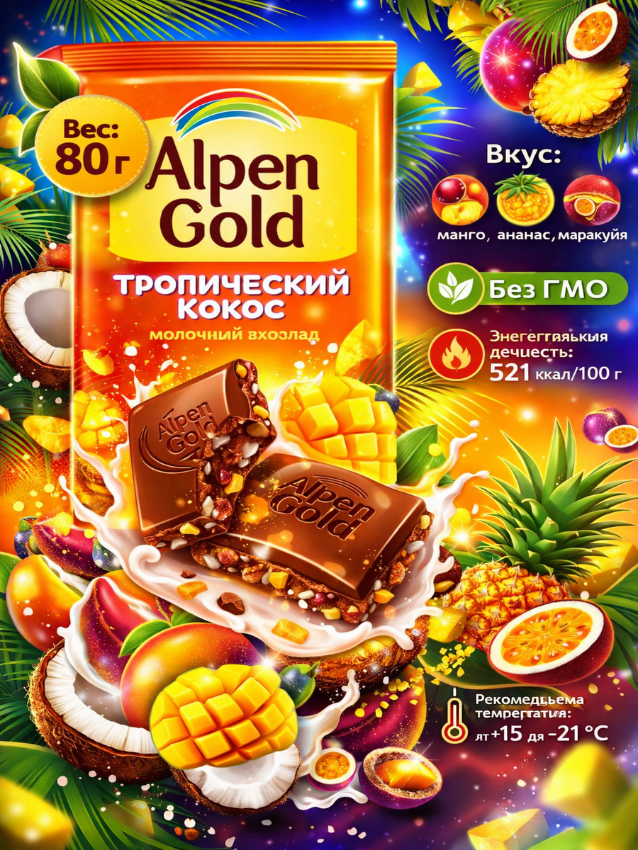 Шоколад молочный Alpen Gold Тропический кокос с фруктовыми кусочками со вкусом манго, ананаса, маракуйи, 80г