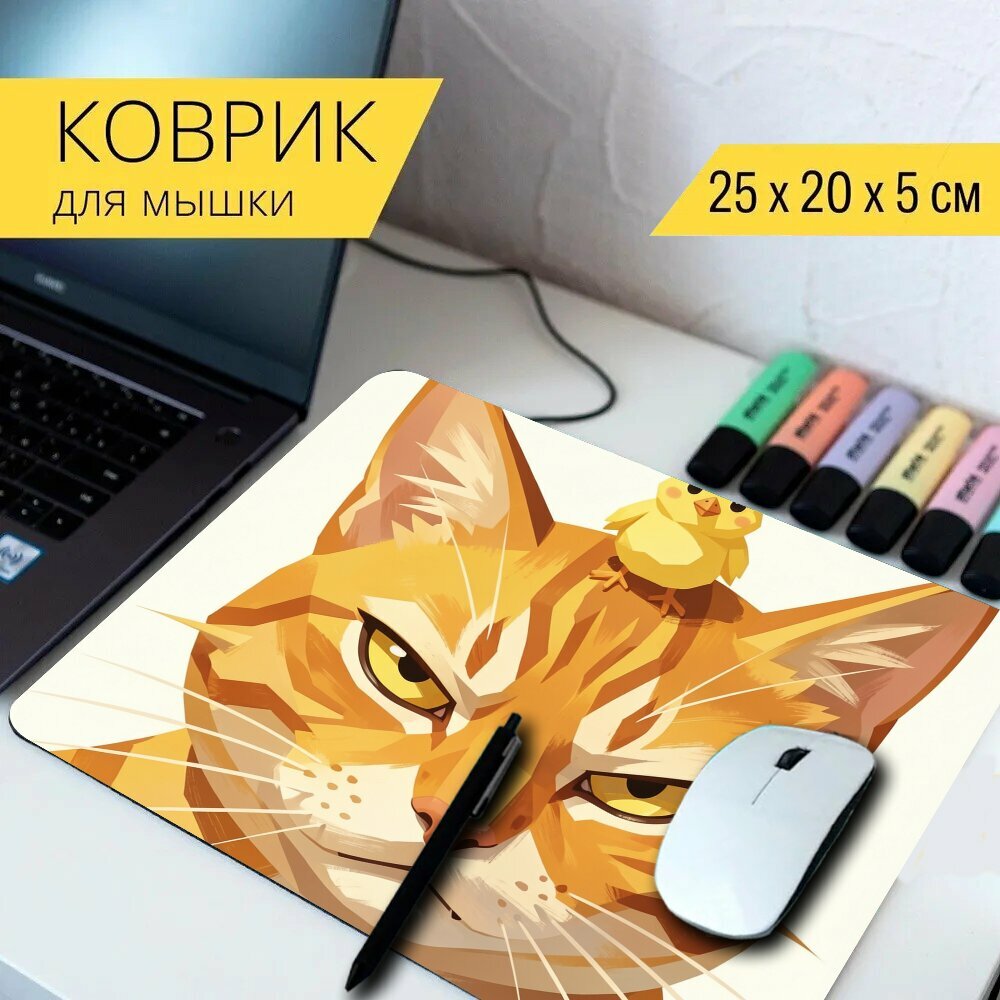 Коврик для мыши с принтом "Рыжий кот с цыплёнком. Стильная иллюстрация морды рыже-белого кота крупным планом: на голове сидит маленький жёлтый птенец. Тёплые золотистые." 25x20см.