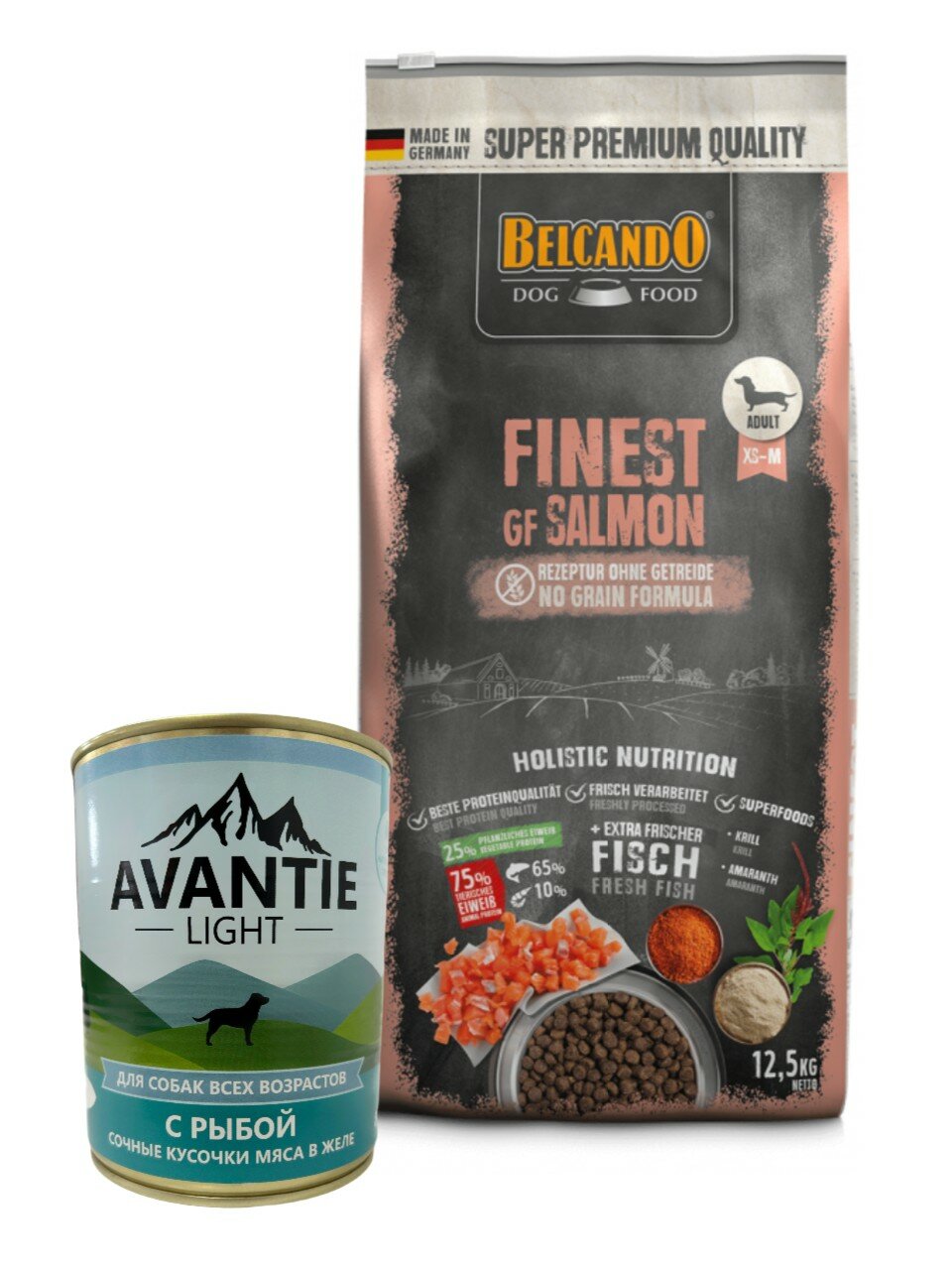 Belcando Finest GF Salmon Сухой корм для собак, Лосось 12.5 кг + AVANTIE Влажный корм для собак, Рыба 850гр