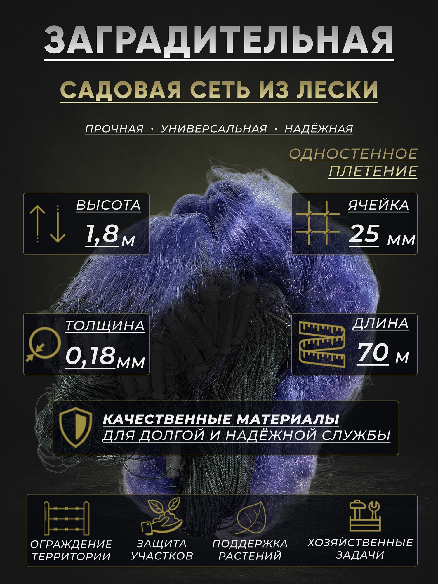 Садовая одностенная защитная сеть из лески 1.8м 25мм