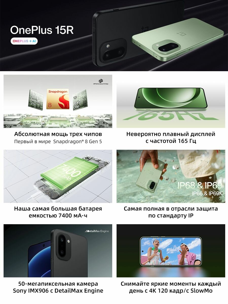 Oneplus 15R 12+256 смартфон Глобальная версия Snapdragon 8 Gen 5 NFC 7400 мАч 80 Вт Сверхбыстрая зарядка — фото 1