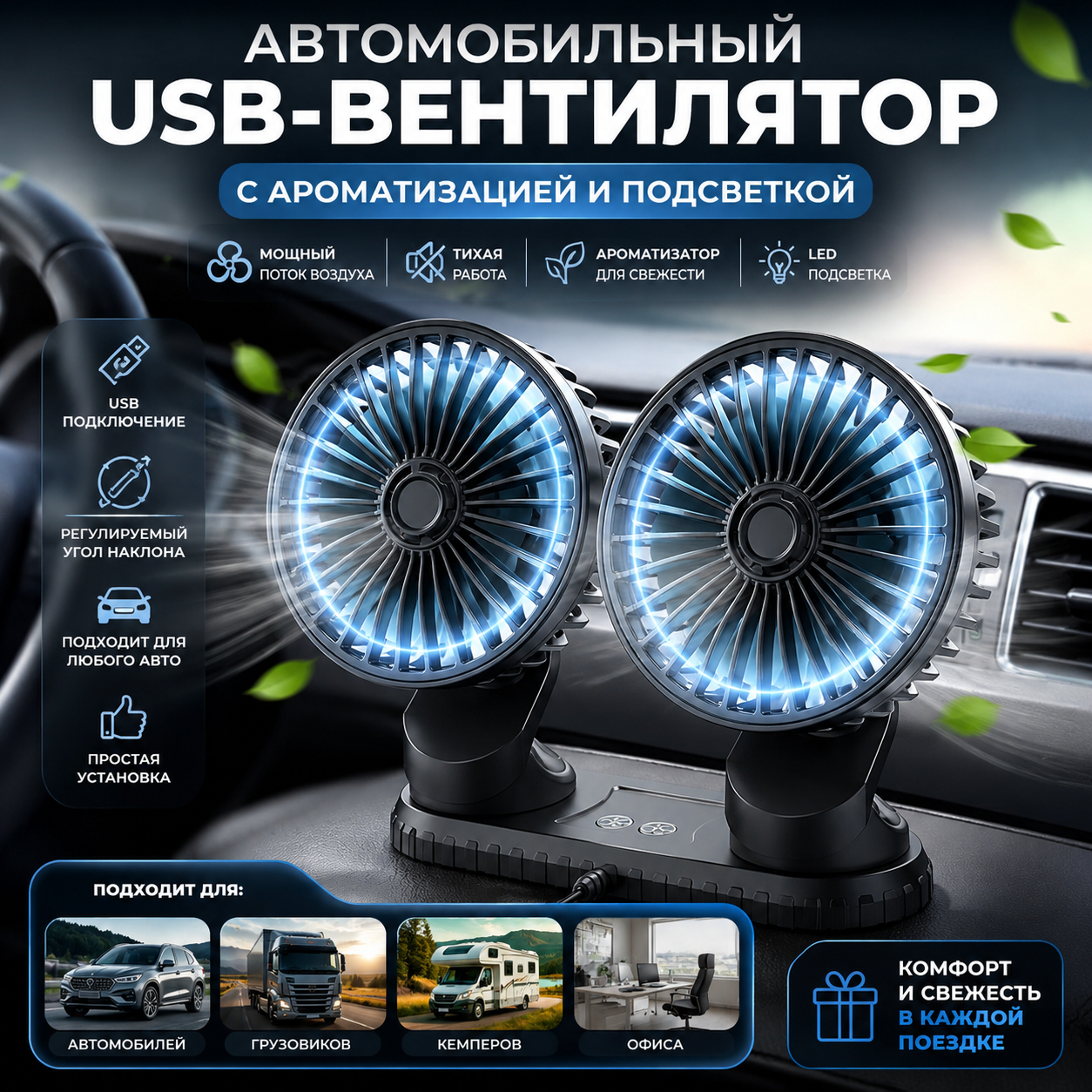 Вентилятор настольный, двойной, автомобильный с подсветкой и ароматизатором