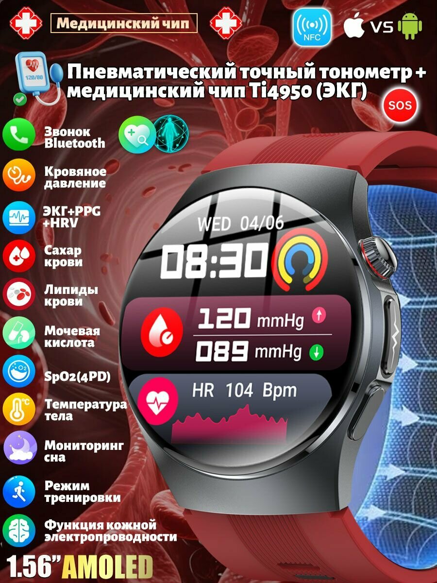 Cмарт часы с измерением давления мужские, с экг, HRV,1.56'AMOLED, с nfc, с измерением сахара в крови