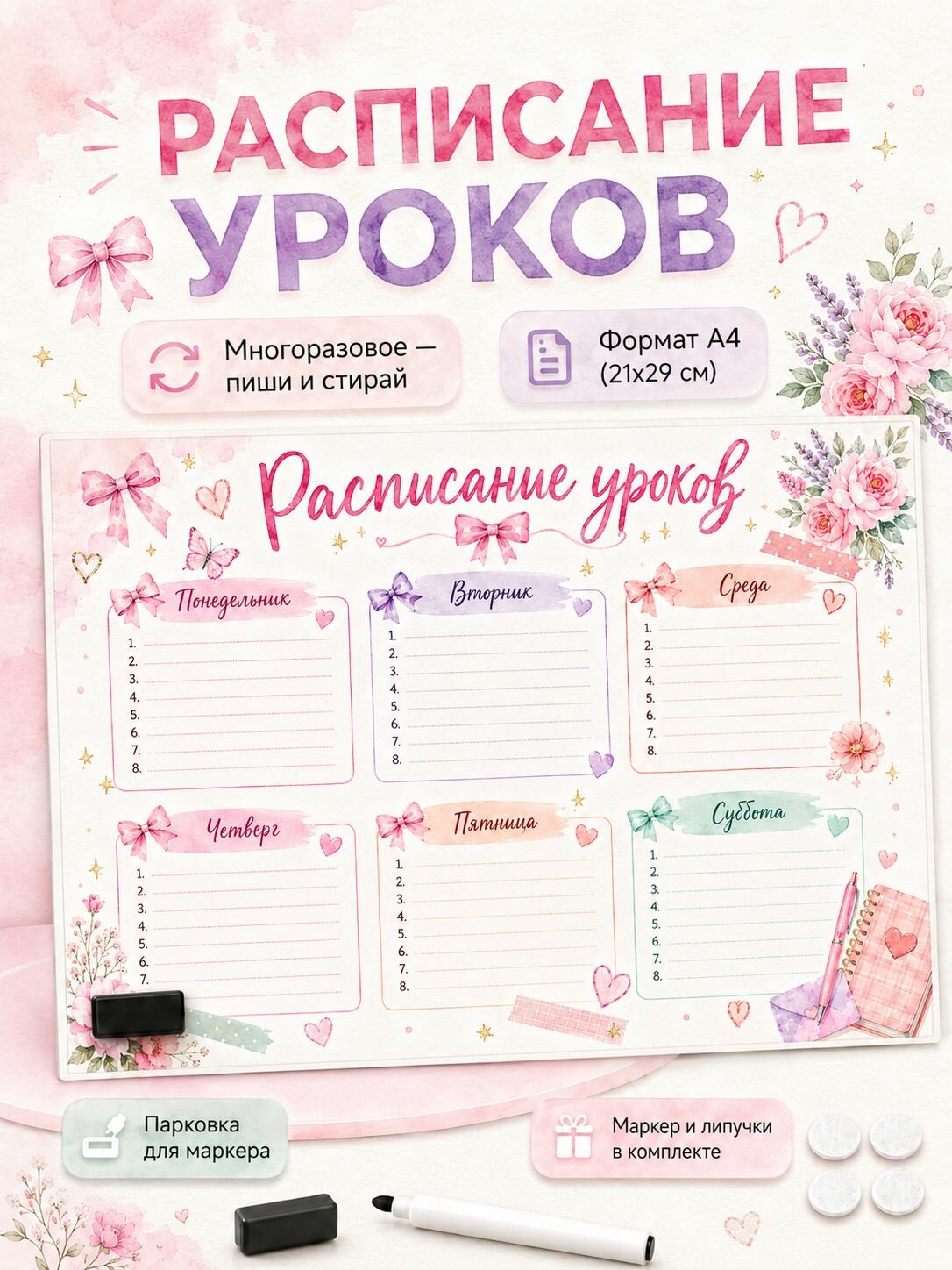 Многоразовое расписание уроков А4 с маркером и липучками