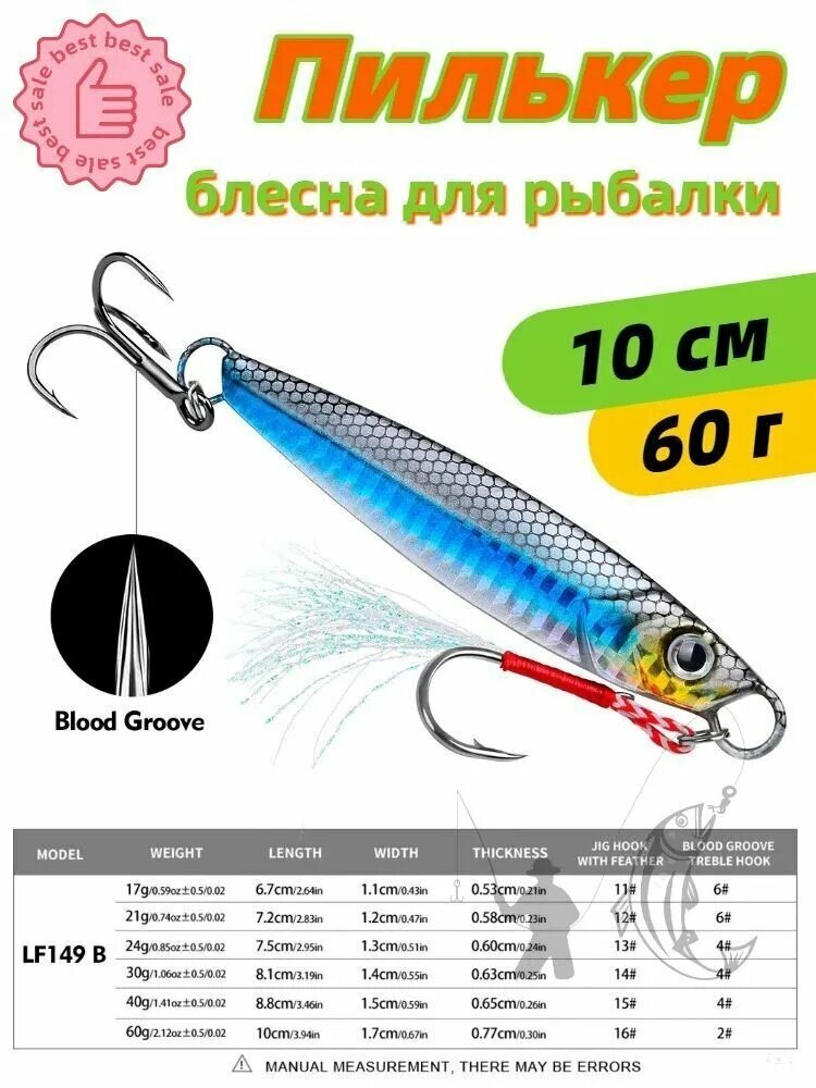Пилькер блесна для рыбалки на щуку, жереха, окуня, судака /60гр /10см