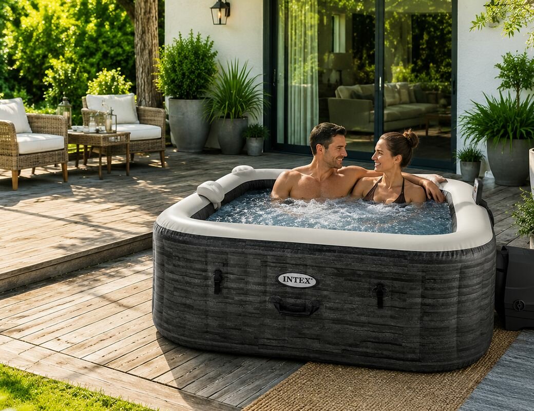 Надувное джакузи Серый камень Делюкс Интекс ПьюрСпа (Intex PureSpa Greystone Deluxe) с аэромассажем и аксессуарами.