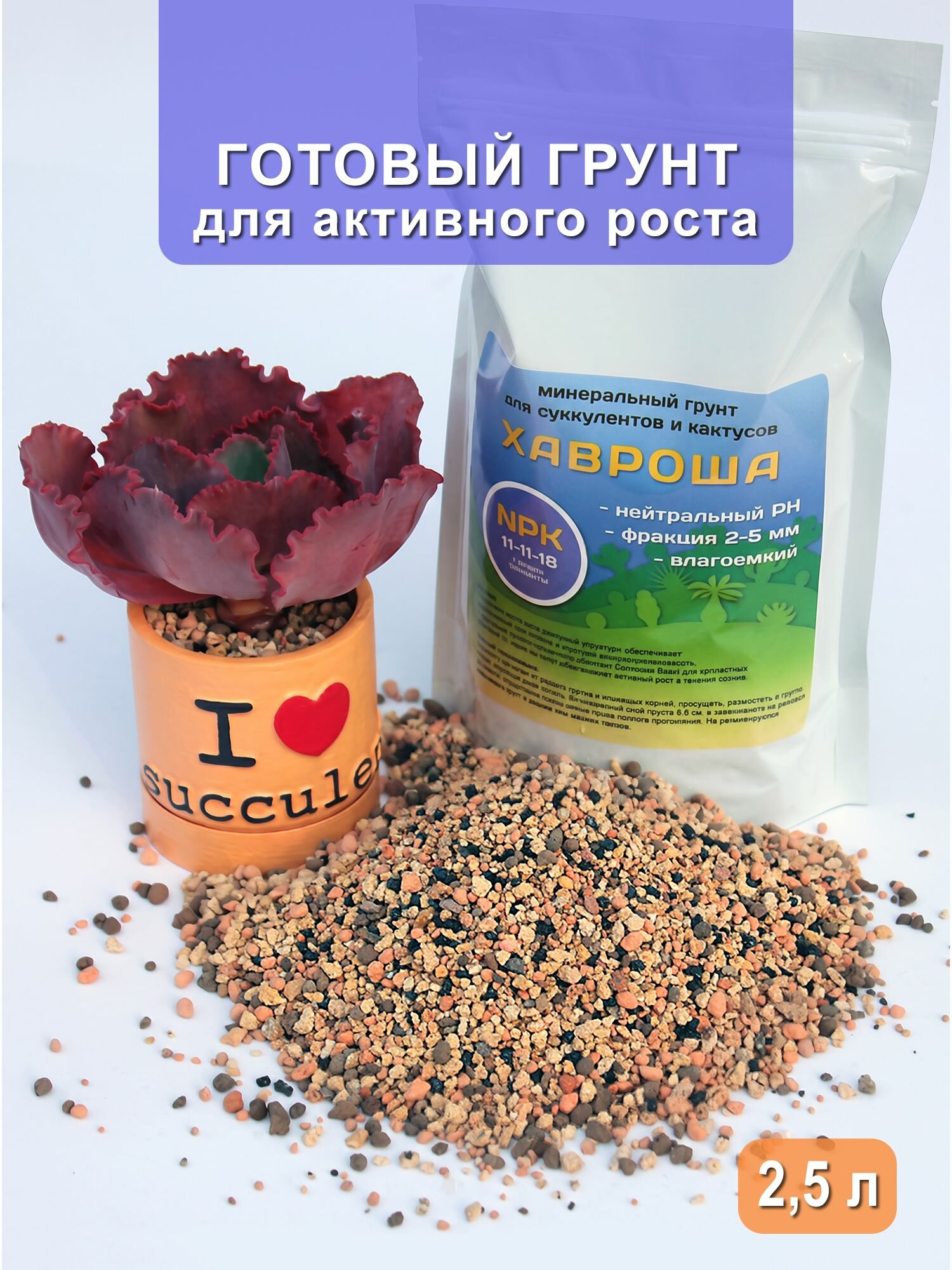 Минеральный грунт Хавроша NPK 2,5 л для суккулентов и кактусов с удобрением
