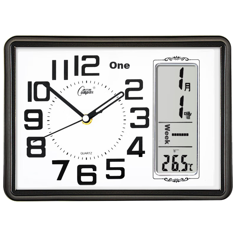 Compas Wall Clock, Living Room Simple Table Clock, Quartz Clock, Fashionable Calendar Bedside Clock 2991, Black And White, 26cm