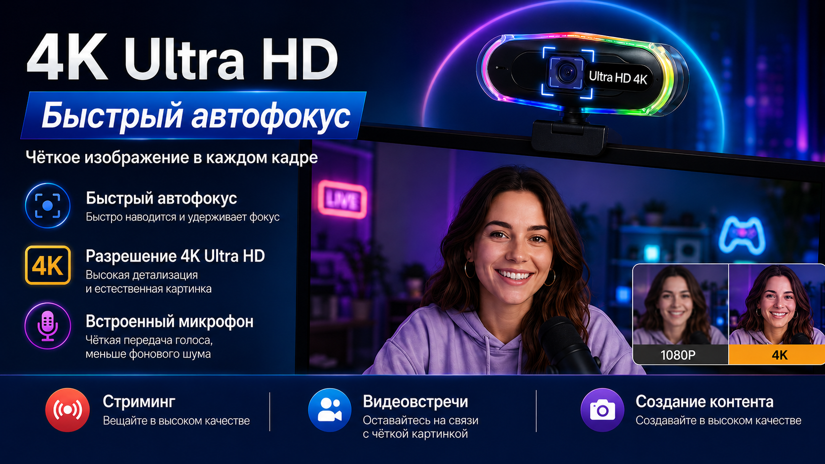 Веб-камера 4K с автофокусом, RGB подсветкой и микрофоном с шумоподавлением