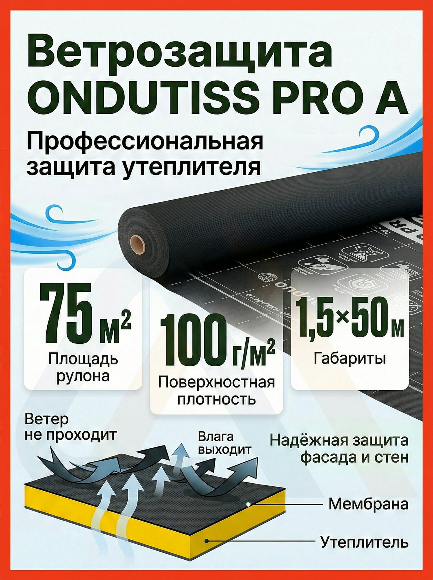 Ветрозащитная мембрана ONDUTISS PRO A, 75 м2 / Ветро-влагозащитная мембрана Ондутис PRO A