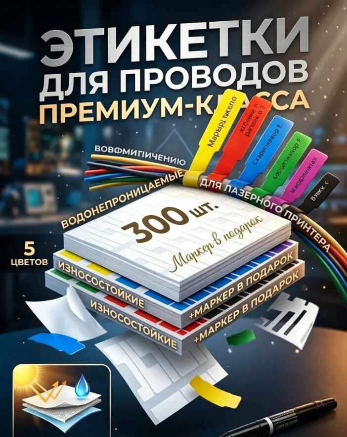 Маркировка кабеля, самоклеящиеся этикетки, 300 шт, влагостойкие наклейки для электропроводки и лазерной печати А4