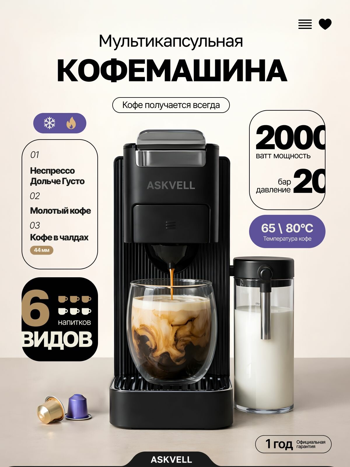 ASKVELL Мультикапсульная кофемашина с капучинатором ACM 220 AS Automatic Espresso 20 Бар, 2000 Вт, Сенсорное управление, Система очистки от накипи, Автоотключение, Защита от перегрева и перегрузки