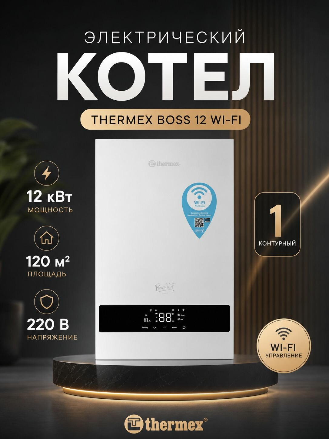Электрический котел Thermex THERMEX Boss, одноконтурный, настенный, Wi-Fi, белый