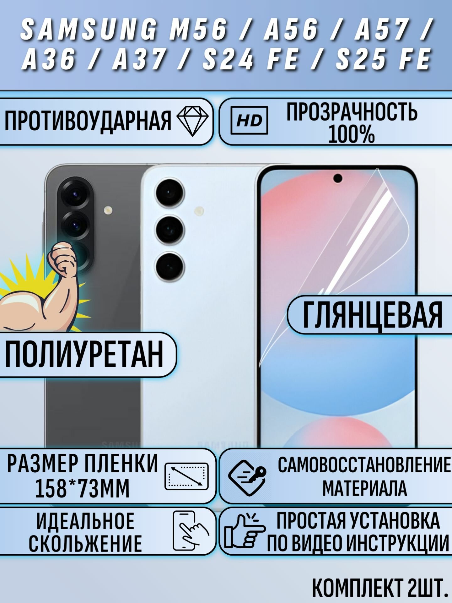 Гидрогелевая пленка Samsung S25 FE / S24 FE / A57 / A56 / A37 / A36 самсунг S25 FE / S24 FE / A57 / A56 / A37 / A36 2шт защитная полиуретан