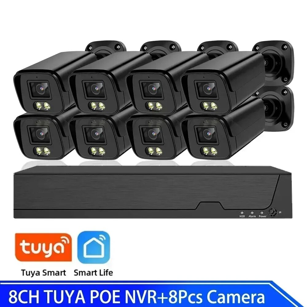 Система безопасности IP-камеры TUYA 4K 8MP POE 8-канальный набор NVR с наружными водонепроницаемыми аудио-CCTV-камерами для видеонаблюдения дома и бизнеса