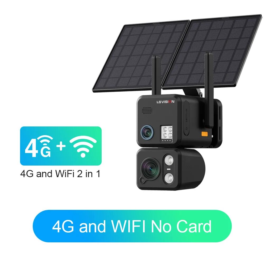 LS VISION Камера безопасности на 4G SIM и Wi-Fi для внешнего использования с круглосуточной записью, солнечная панель AOV мощностью 20 Вт, камера CCTV с ИИ-обнаружением для вилл и поместв