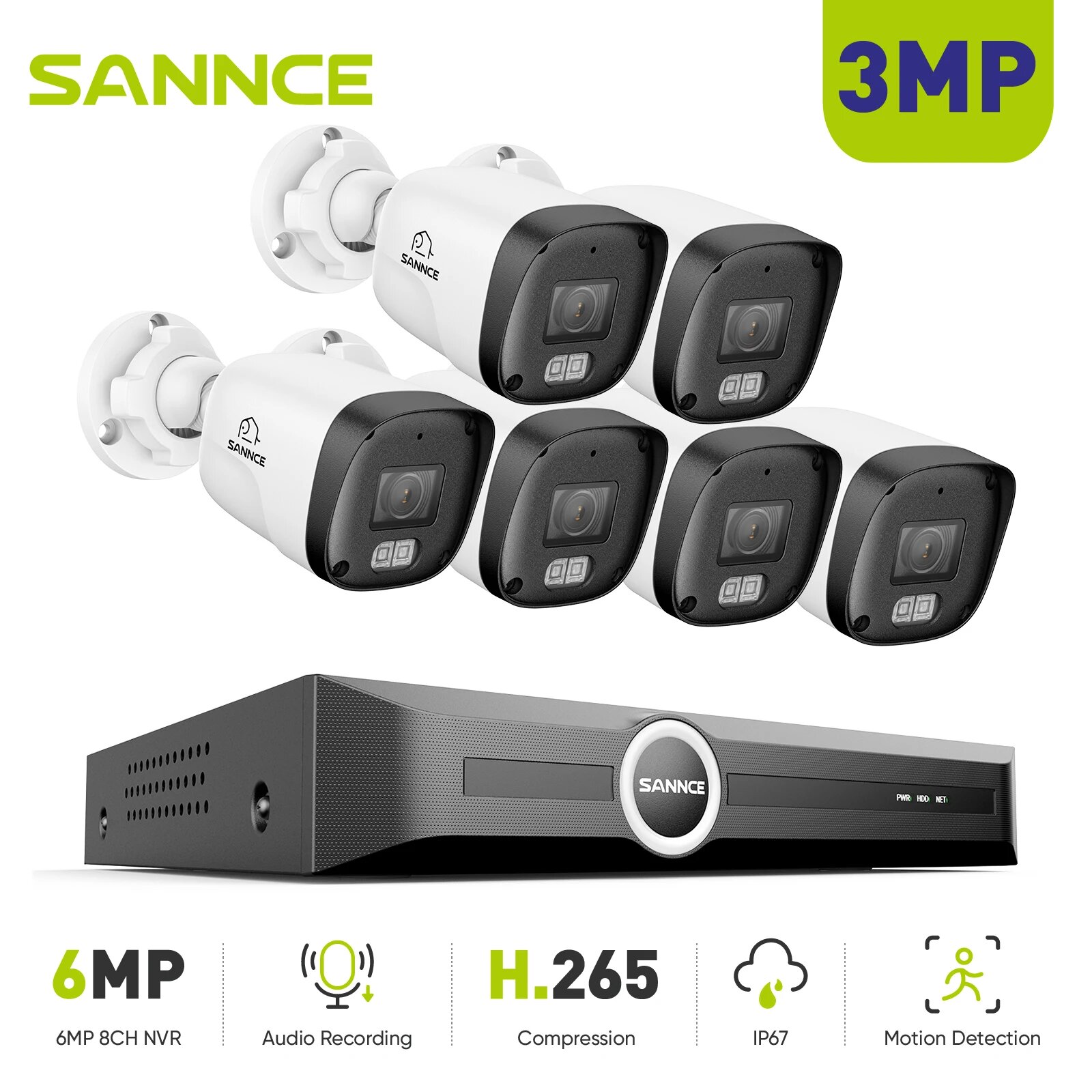 Система безопасности камер SANNCE H.265 3MP POE с 5MP 8-канальным NVR, IP-камерой с аудио, для использования на улице, с поддержкой ONVIF и ночным видением, набор систем безопасности камер