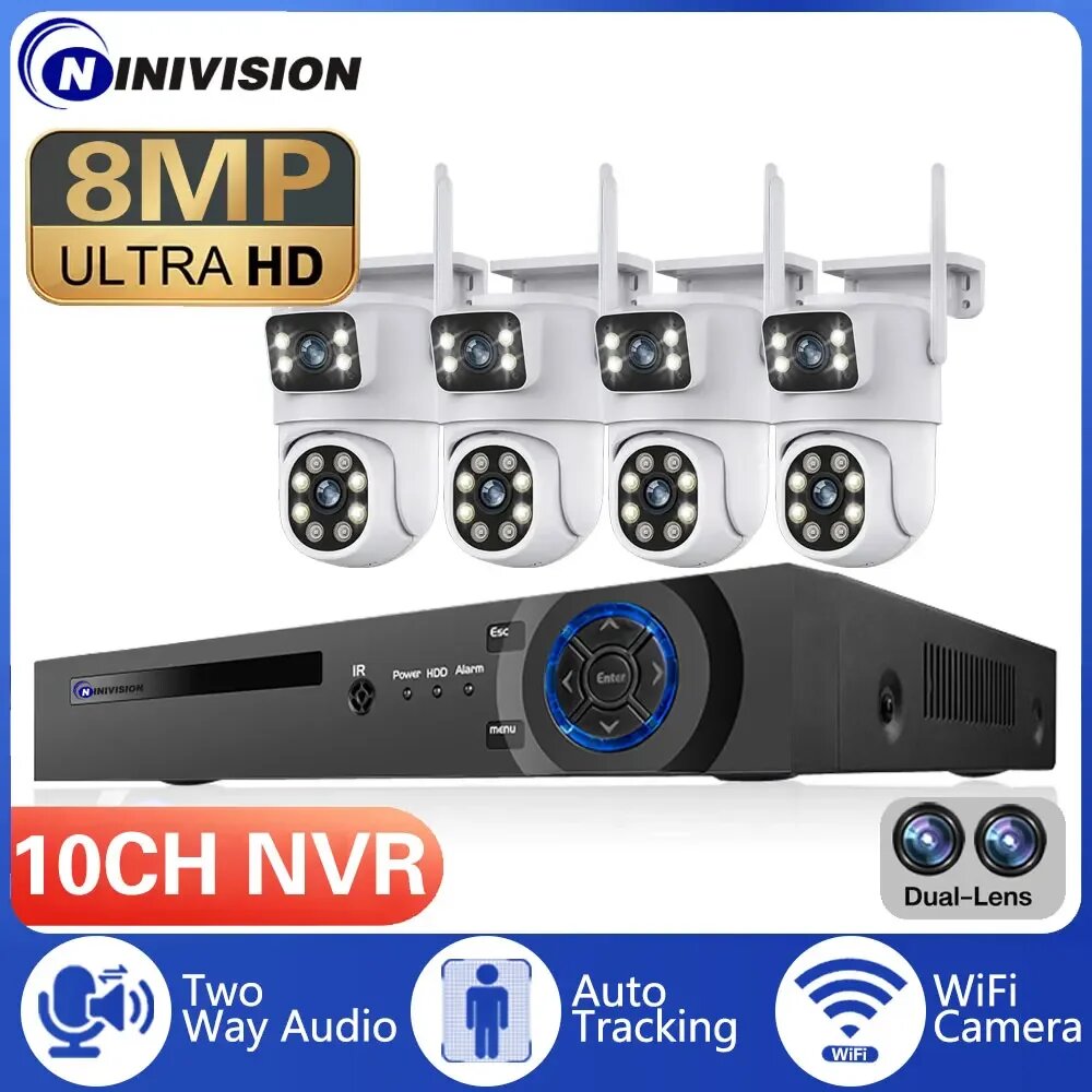 Система видеонаблюдения для дома 10CH 4K POE NVR HD 6MP с двухлинзовой PTZ-камерой WIFI IP, набор беспроводного наблюдения CCTV с автоматическим трекингом H.265