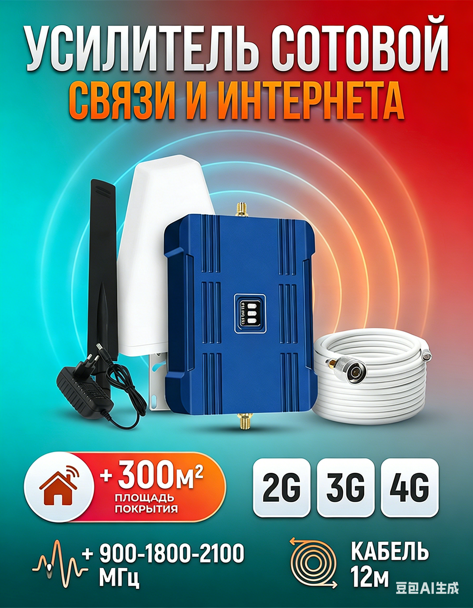 Усилитель сотовой связи 900/1800/2100 МГц (2G/3G/4G): до 70 км, направленный, синий, 1.3 кг