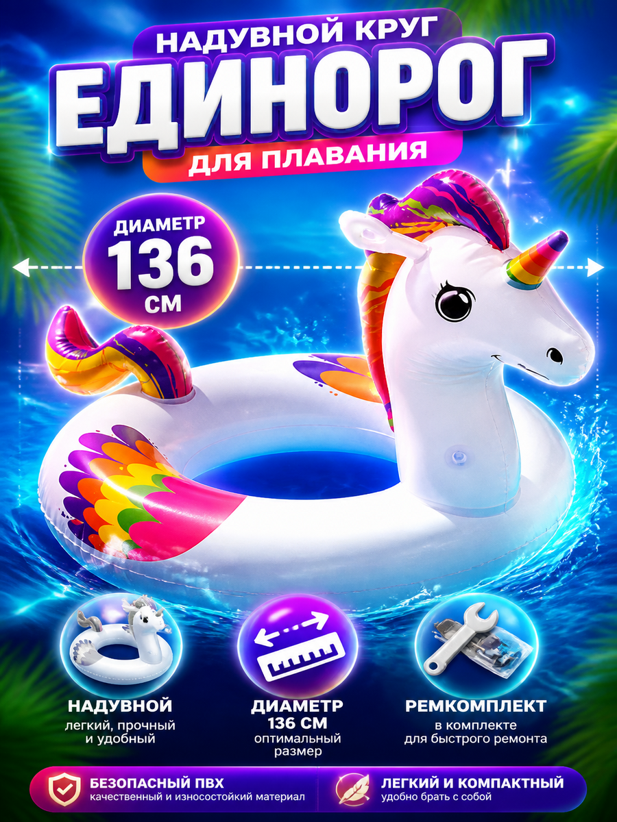 Круг для плавания надувной BESTWAY Единорог d=136см, с ремкомплектом, Арт. 36159