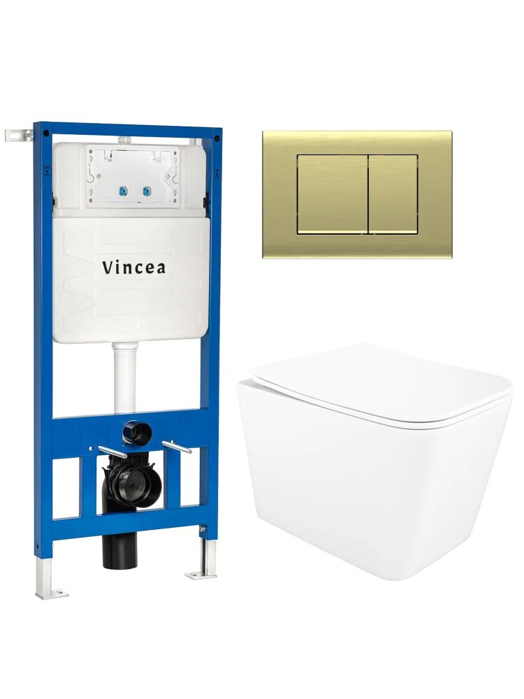 Комплект 5 в 1: Инсталляция Vincea VIS-601 / Унитаз подвесной STWORKI Молде S23401WH / Сиденье с микролифтом, Кнопка VFP-001BG, брашированное золото, Комплект креплений