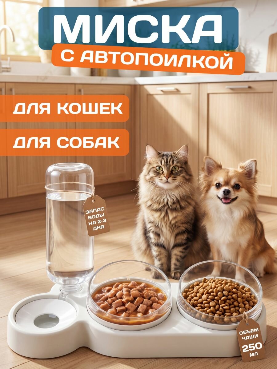 Миска для кошек, и автопоилка, двойная, на подставке, автоматическая поилка с бутылкой на 0,5 л