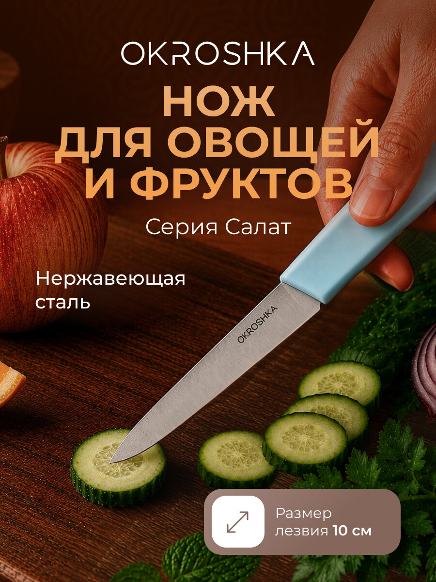 Нож кухонный для фруктов и овощей OKROSHKA Салат, лезвие 10 см OK225P-BL-FR