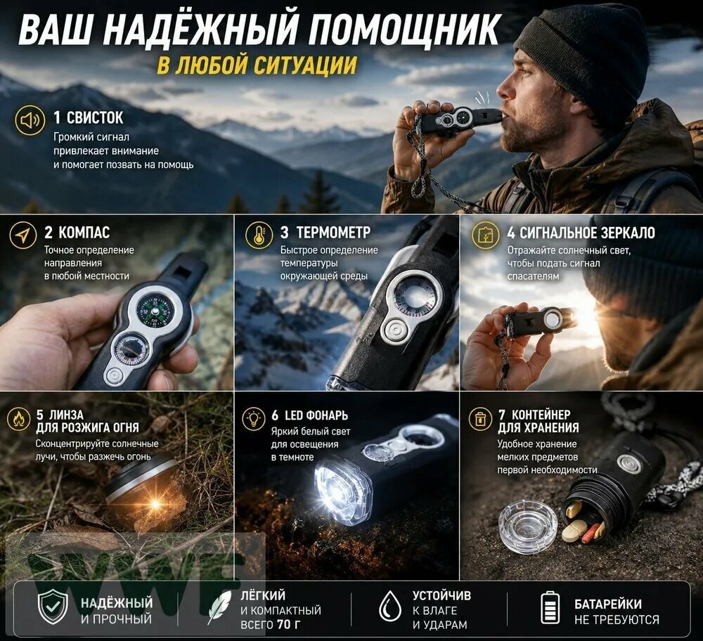 Мультифункциональный свисток 7 в 1 с компасом, термометром, фонарем и сигнальным зеркалом, туристический выживательный инструмент для походов и отдыха