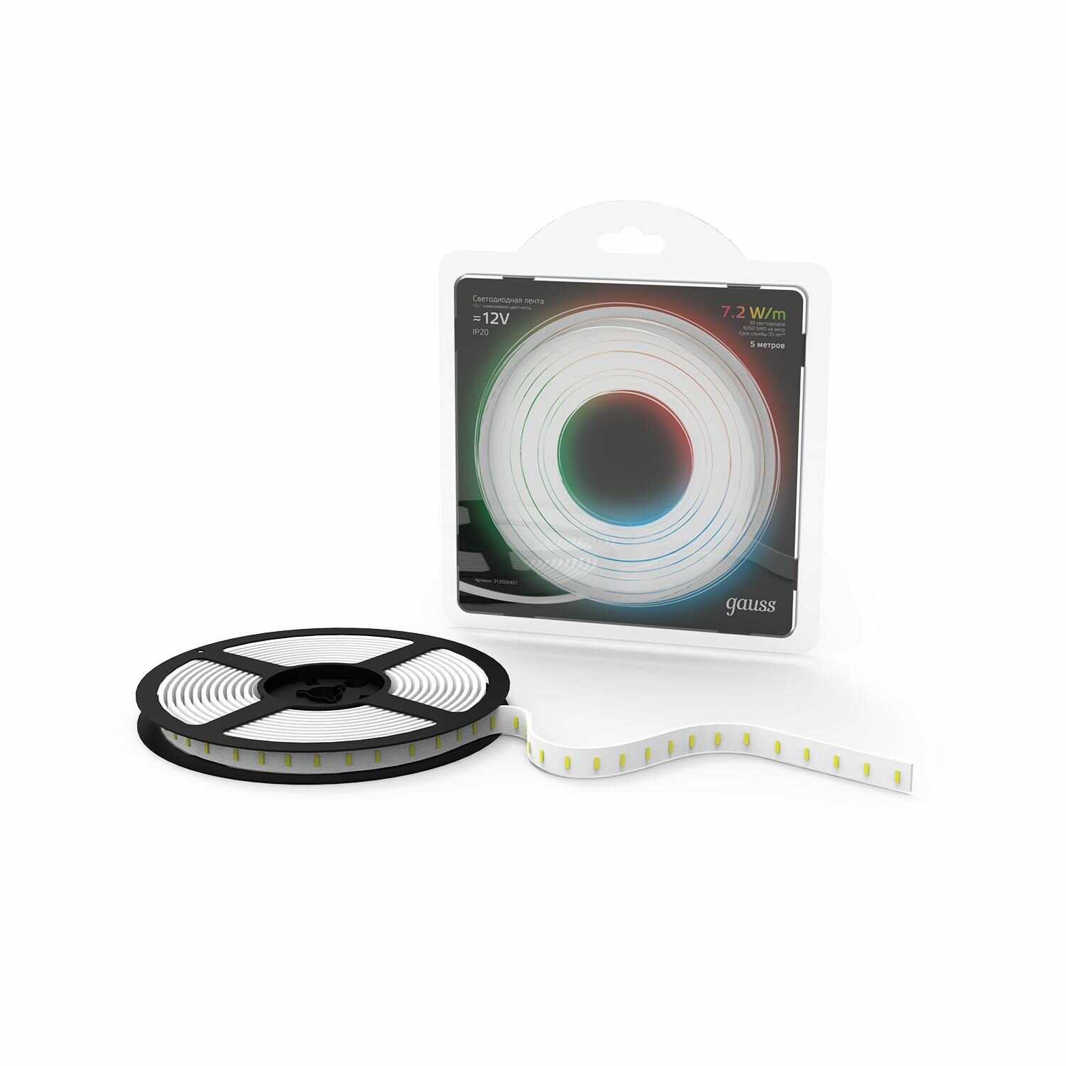 Светодиодная лента 5050/30 12V 7.2W/m RGB IP20 5m Gauss Elementary