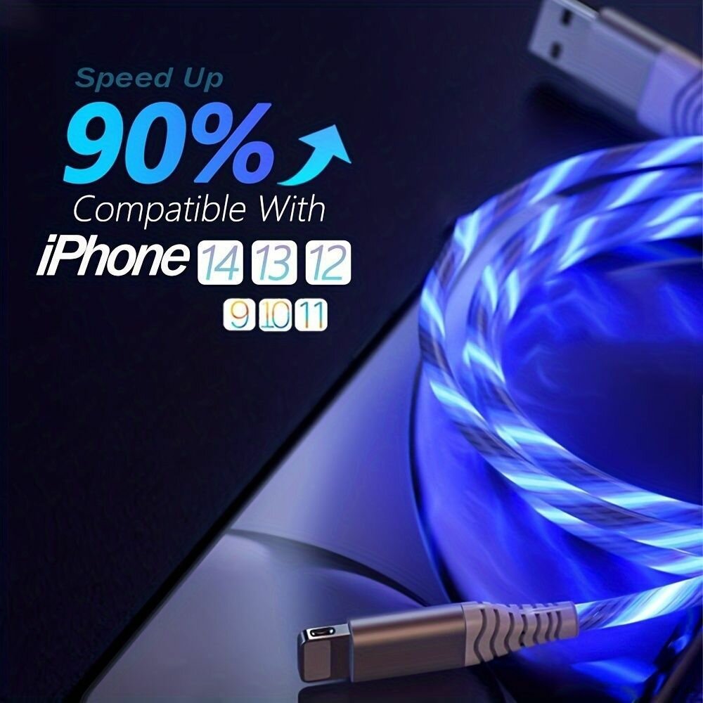 Светящийся USB-кабель 2 в 1/3 в 1 с LED-подсветкой, быстрая зарядка 2А, 1м, для iPhone Lightning, Android Micro-USB, Type-C, разноцветный RGB, синий, красный, зеленый