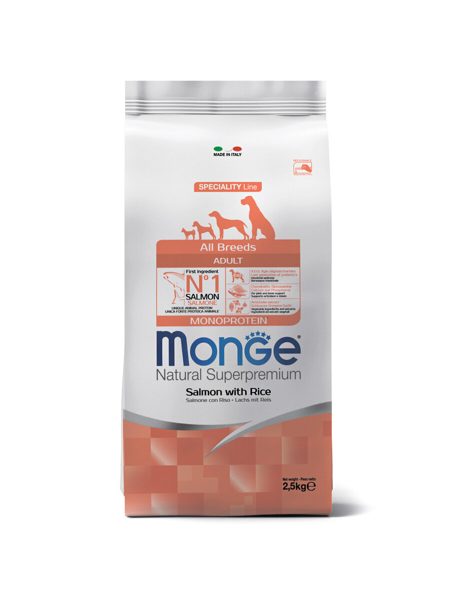Сухой корм для собак Monge Dog Speciality Line Monoprotein All Breeds Salmon with Rice с лососем и рисом, 2,5 кг