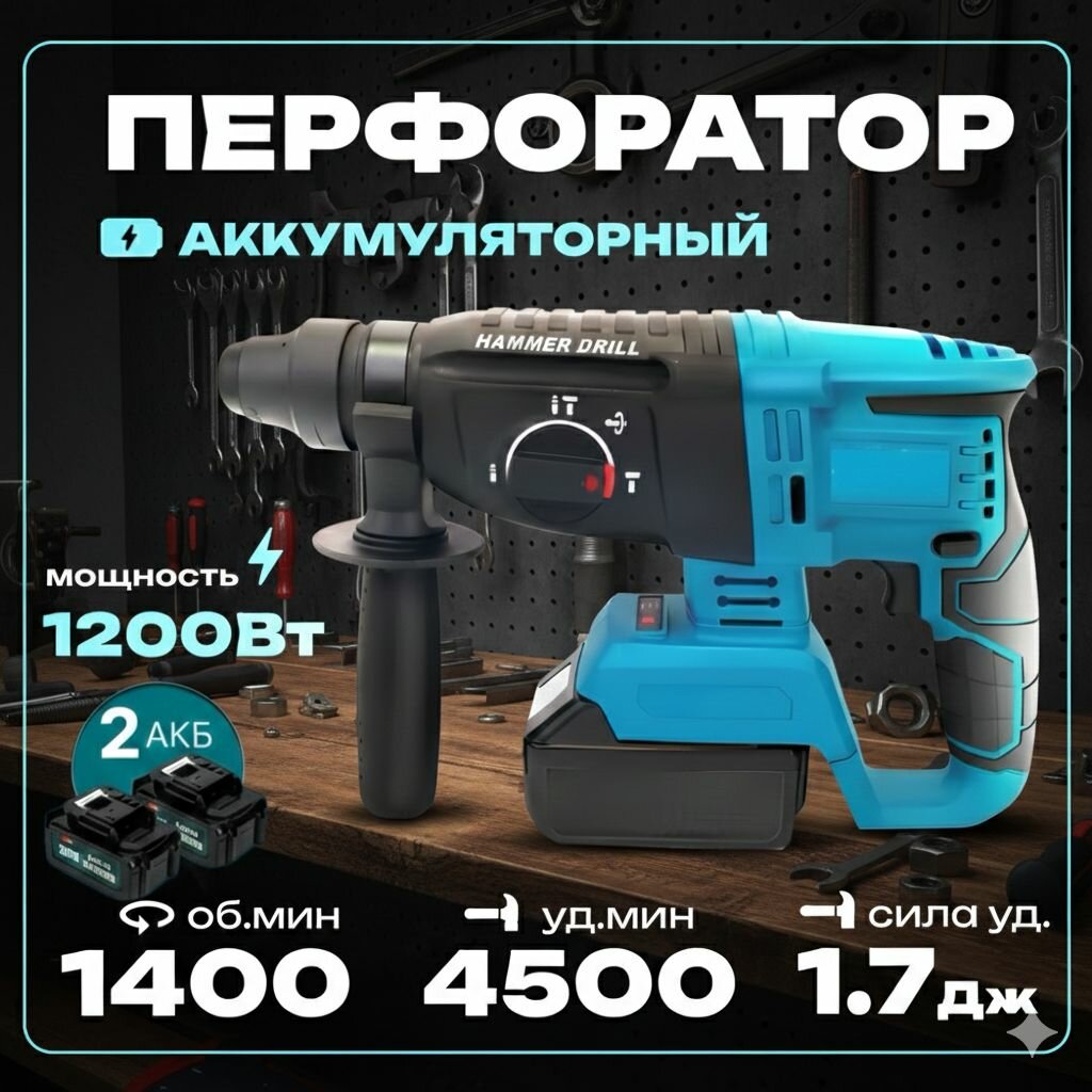 Перфоратор аккумуляторный бесщеточный, 2 АКБ + прочный кейс