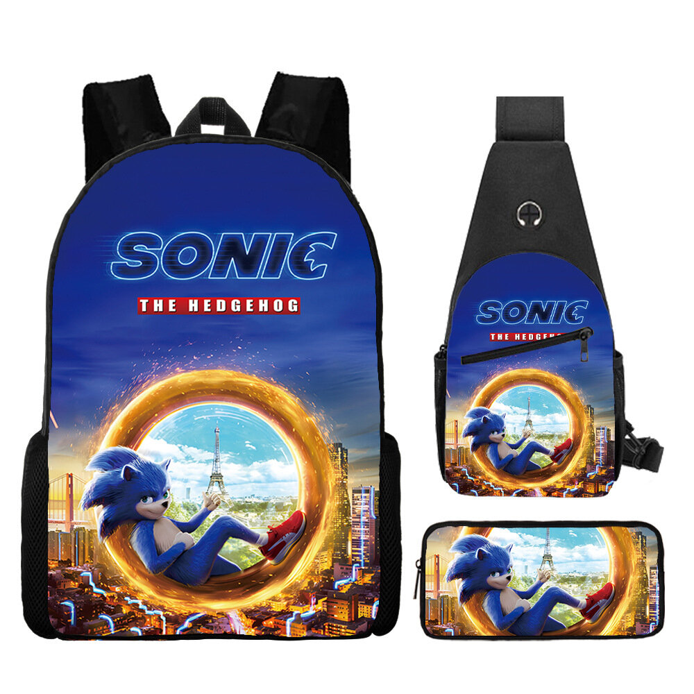 Трансграничный хит продаж, рюкзак Sonic, школьная сумка с героями мультфильмов для учащихся начальной школы, рюкзак с героями мультфильмов, сумка через плечо, пенал, набор из трех предметов