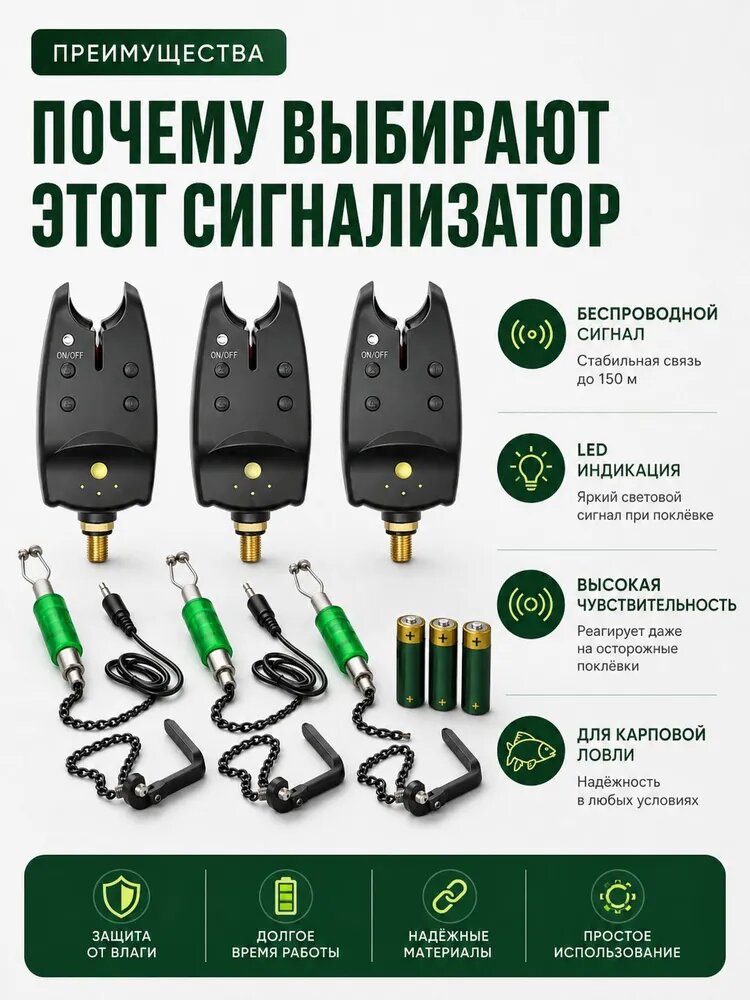 Беспроводной сигнализатор поклевки электронный для рыбалки, набор 3 шт, карповая ловля, фидер, донка, ночная рыбалка, свингеры и батарейки в комплекте