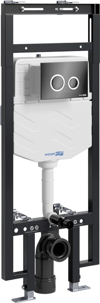 Инсталляция с кнопкой Wasserkraft Dinkel 58TLT.010. ME. PB01 50, 4 см, крепление к стене/к полу, с регулировкой по высоте, кнопка для унитаза черная, глянцевая, с шумоизоляцией