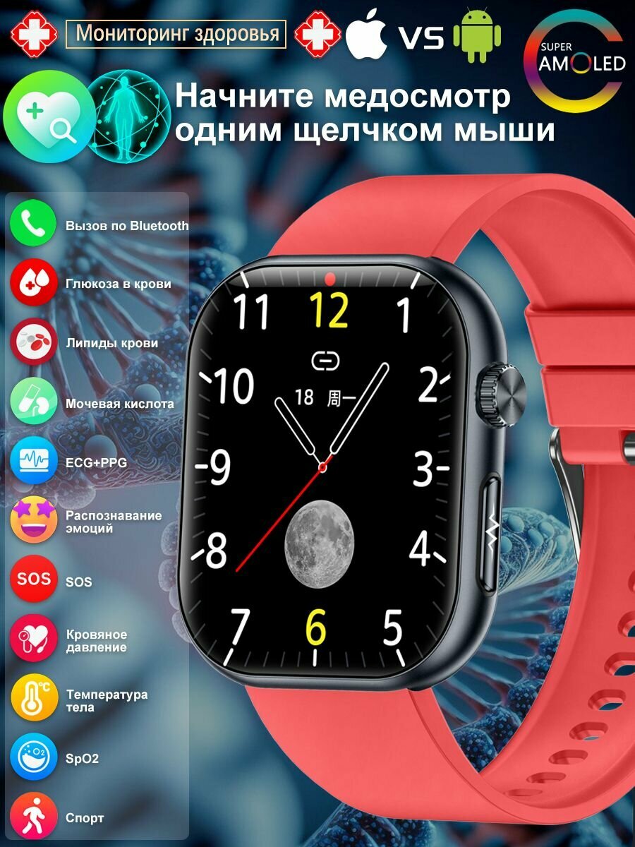 Умные часы ECG+PPG+HRV, 1.96' AMOLED HD экран для мужчин и женщин, оповещение о сердечном ритме