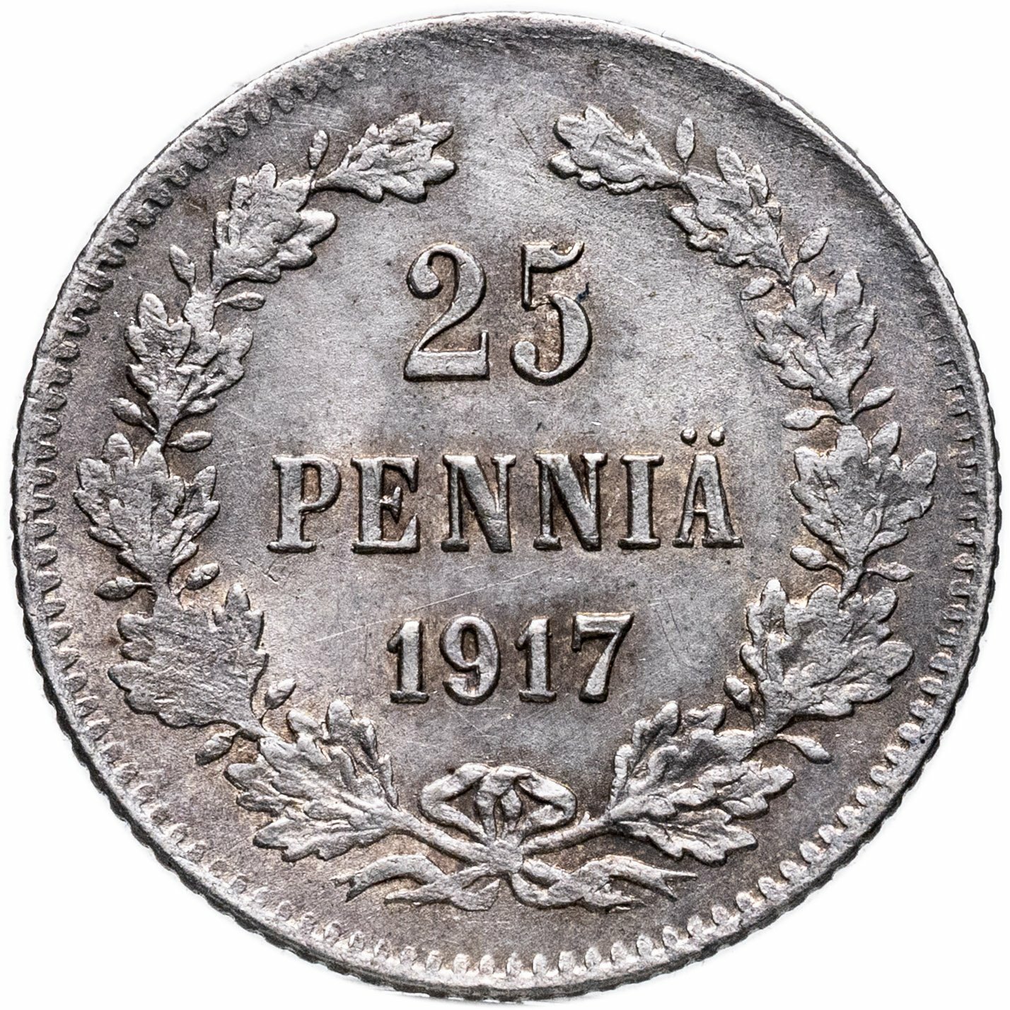 25 пенни pennia 1917 S гербовый орел без короны Российская Финляндия, Серебро 750, в сохранности AU