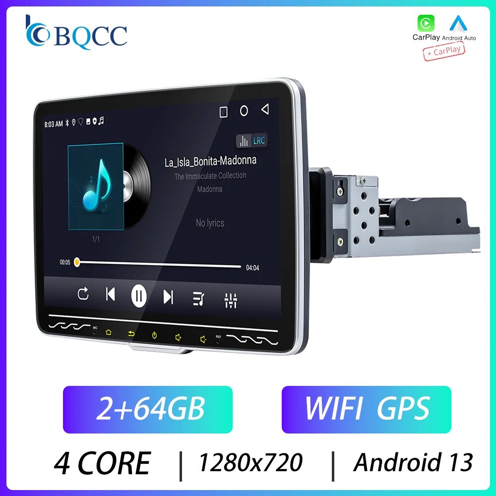 Автомобильный Мультимедийный Плеер BQCC 10.1" 1 DIN На Android 13 С Поворотным Экраном, 2GB 64GB