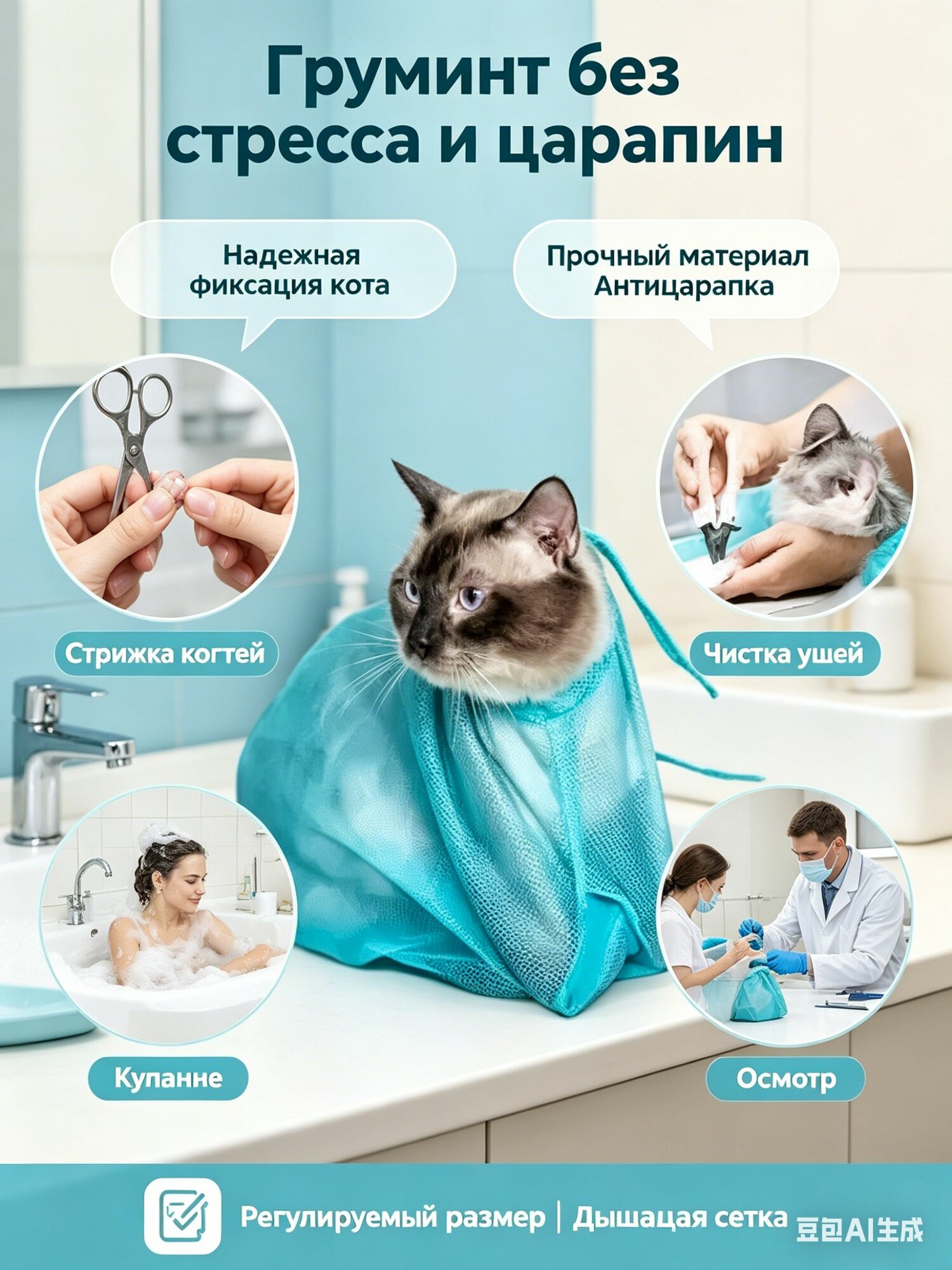 Сетка для купания кошек и фиксации при груминге, сумка для стрижки когтей и чистки ушей котов, защитный мешок от царапин для мытья и ветеринарного осмотра животных