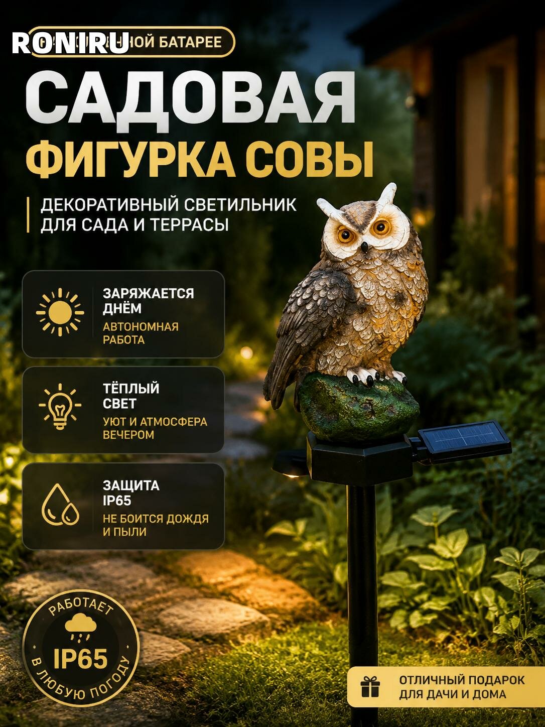Садовая фигурка совы на солнечной батарее с теплым светом и IP65 — декоративный светильник для сада и террасы.