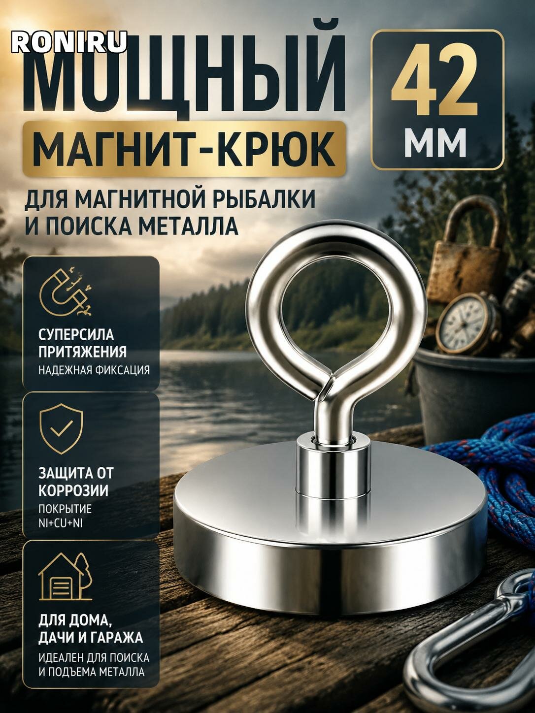 Мощный магнит-крюк 42 мм для магнитной рыбалки и поиска металла — для дачи, гаража и охоты за находками, Ni+Cu+Ni