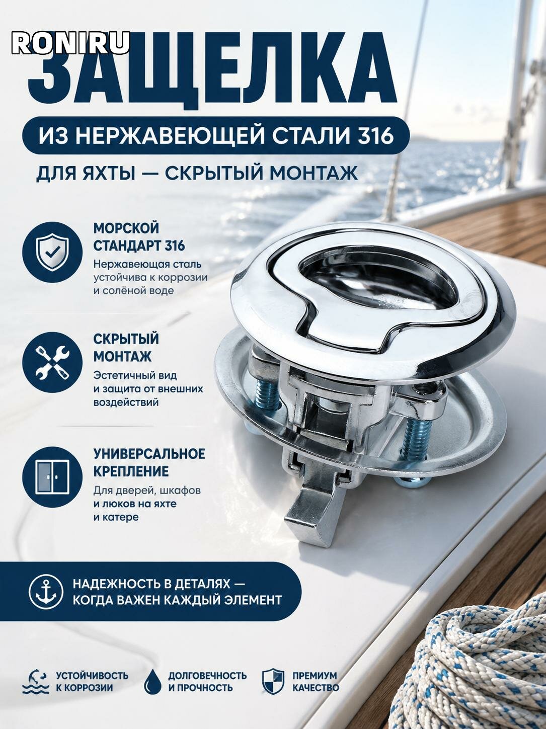 Защелка из нержавеющей стали 316 для яхты — скрытый монтаж, универсальное крепление для дверей, шкафов и люков