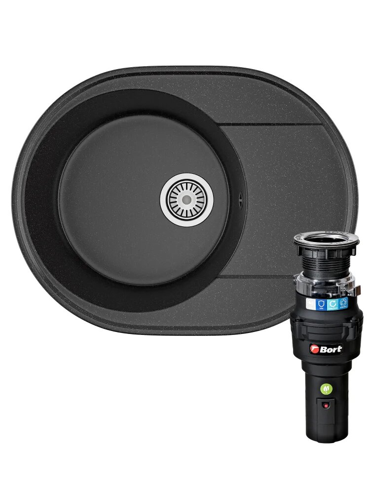 Комплект Мойка Domaci Палермо PR-610-004 61x47, черная, искусственный мрамор / Измельчитель Bort Caiman 93418064 электрический, нержавеющая сталь